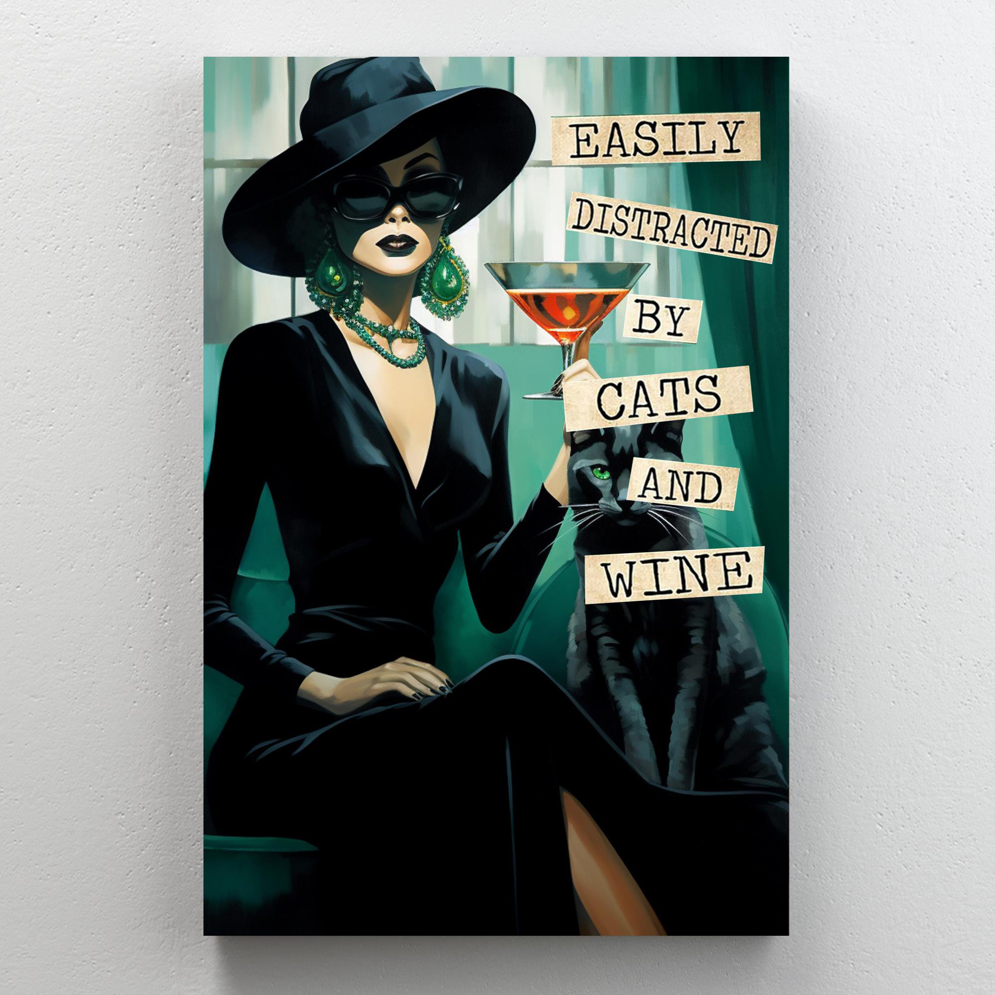 Trinx Easily Distracted By Cats And Wine - 1 Piece Rectangle Graphic Art Print On Wrapped Canvas ...